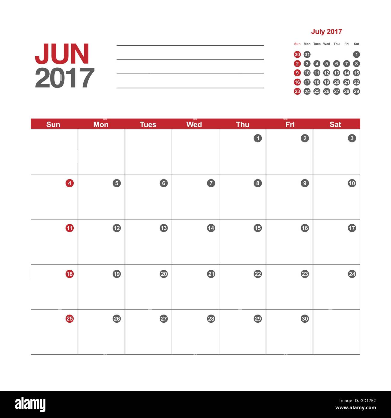 Template of calendar for June 2017 Stock Vector Image & Art - Alamy