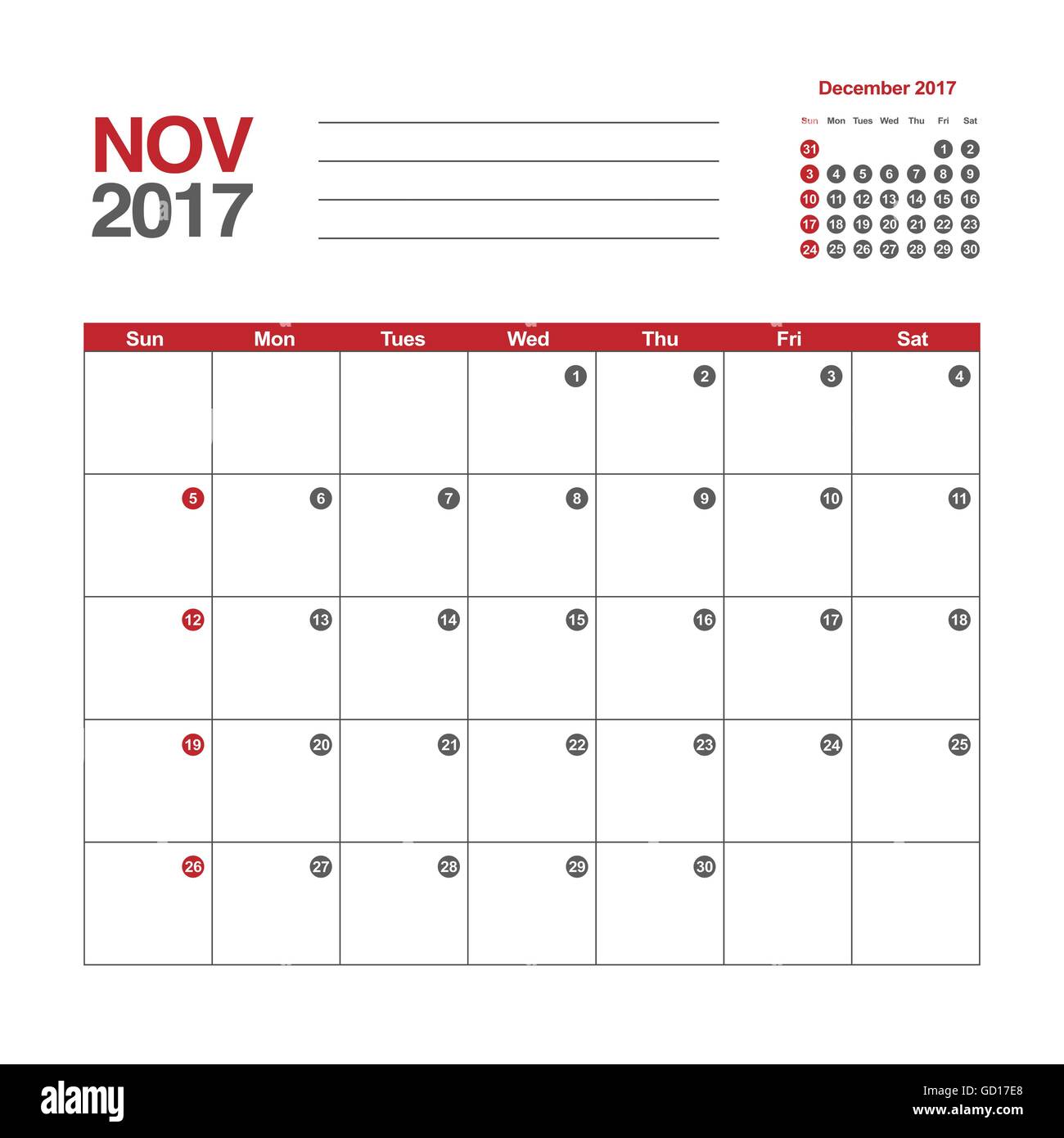 Template of calendar for November 2017 Stock Vector Image & Art - Alamy