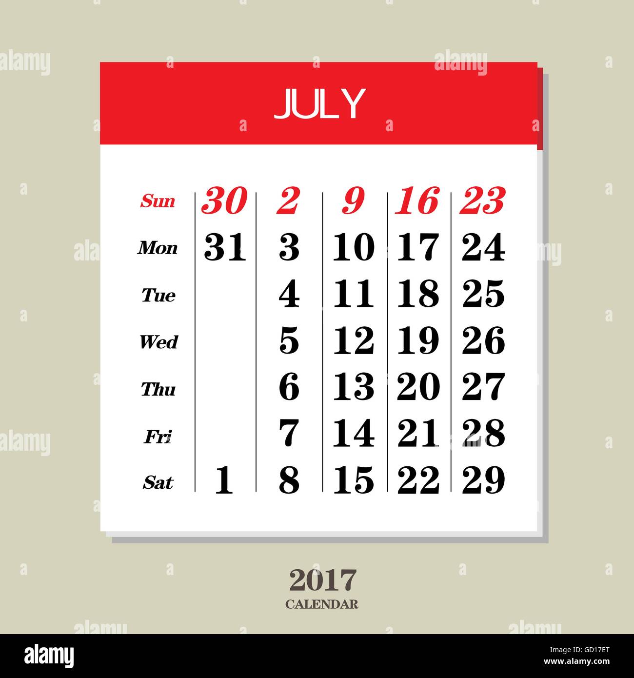 Template of calendar for July 2017 Stock Vector Image & Art - Alamy