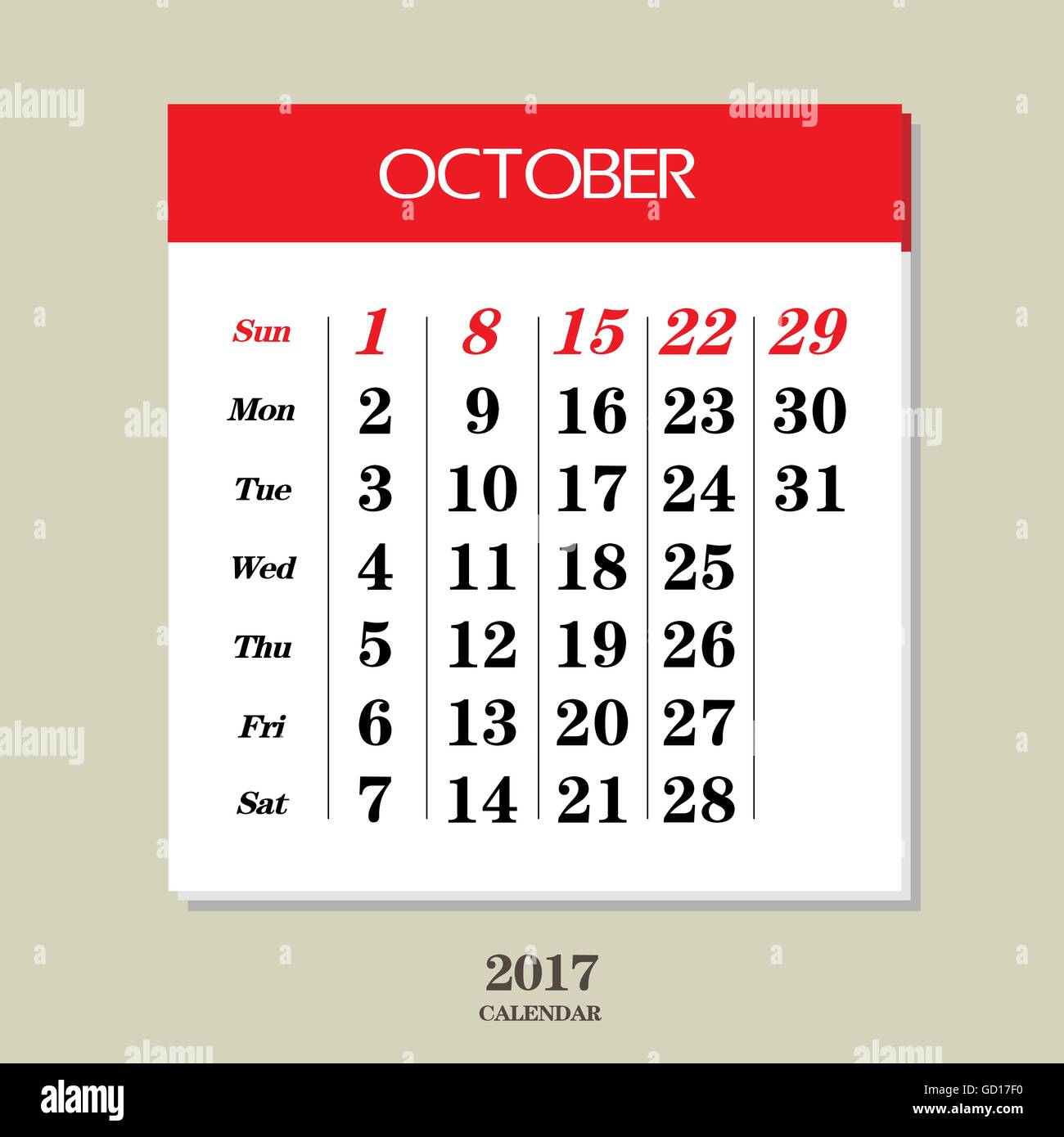 Template of calendar for October 2017 Stock Vector Image & Art - Alamy