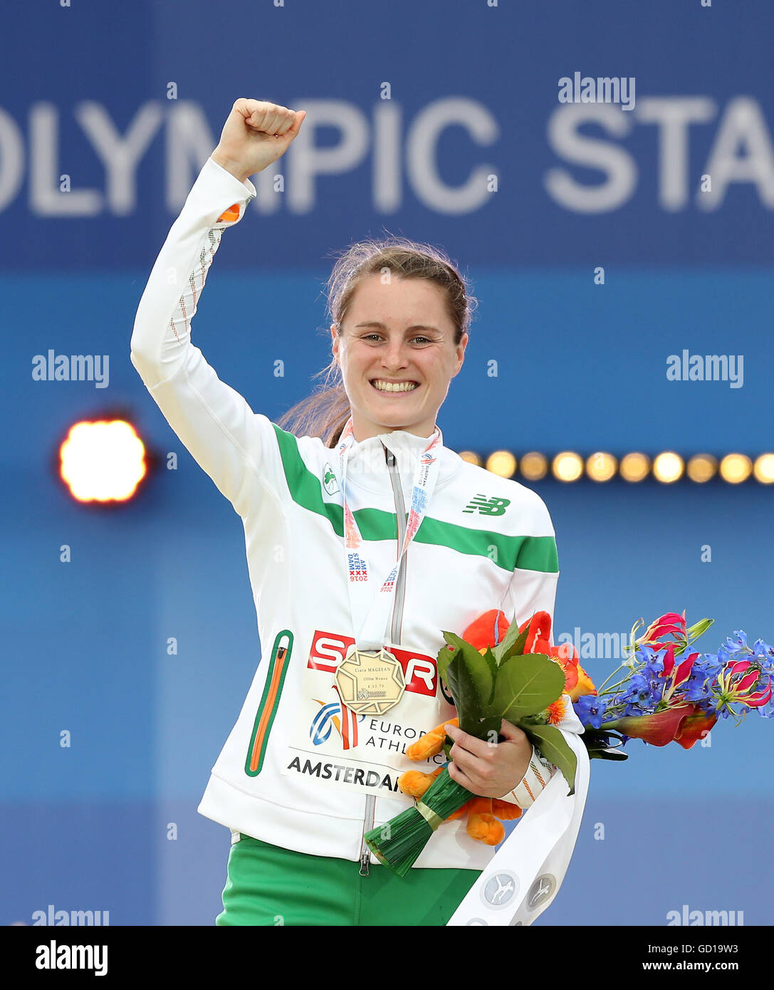 Ireland's Ciara Mageean celebrates with her bronze medal on the podium ...