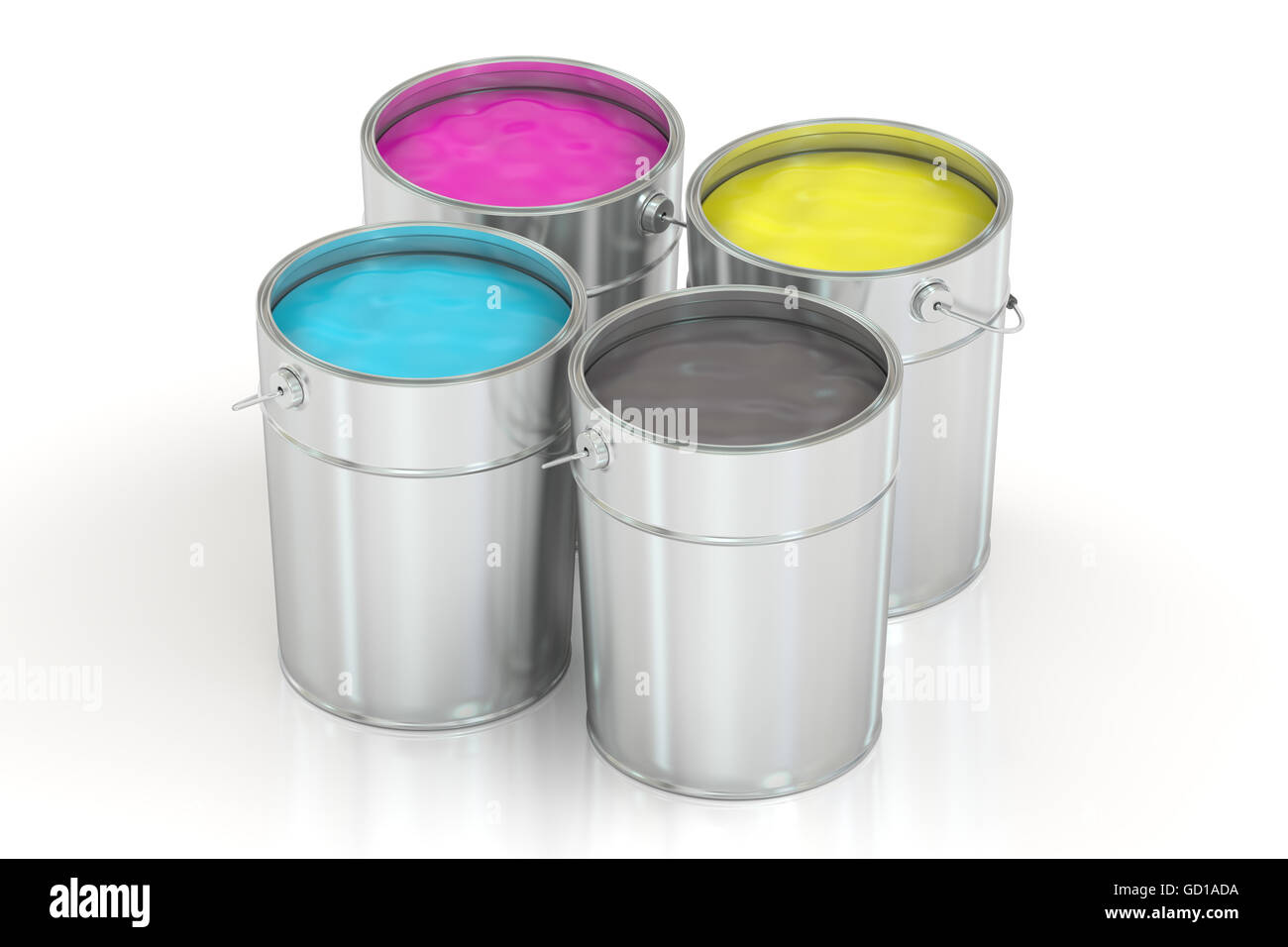 Cans with color paint, CMYK concept. 3D rendering isolated on white ...