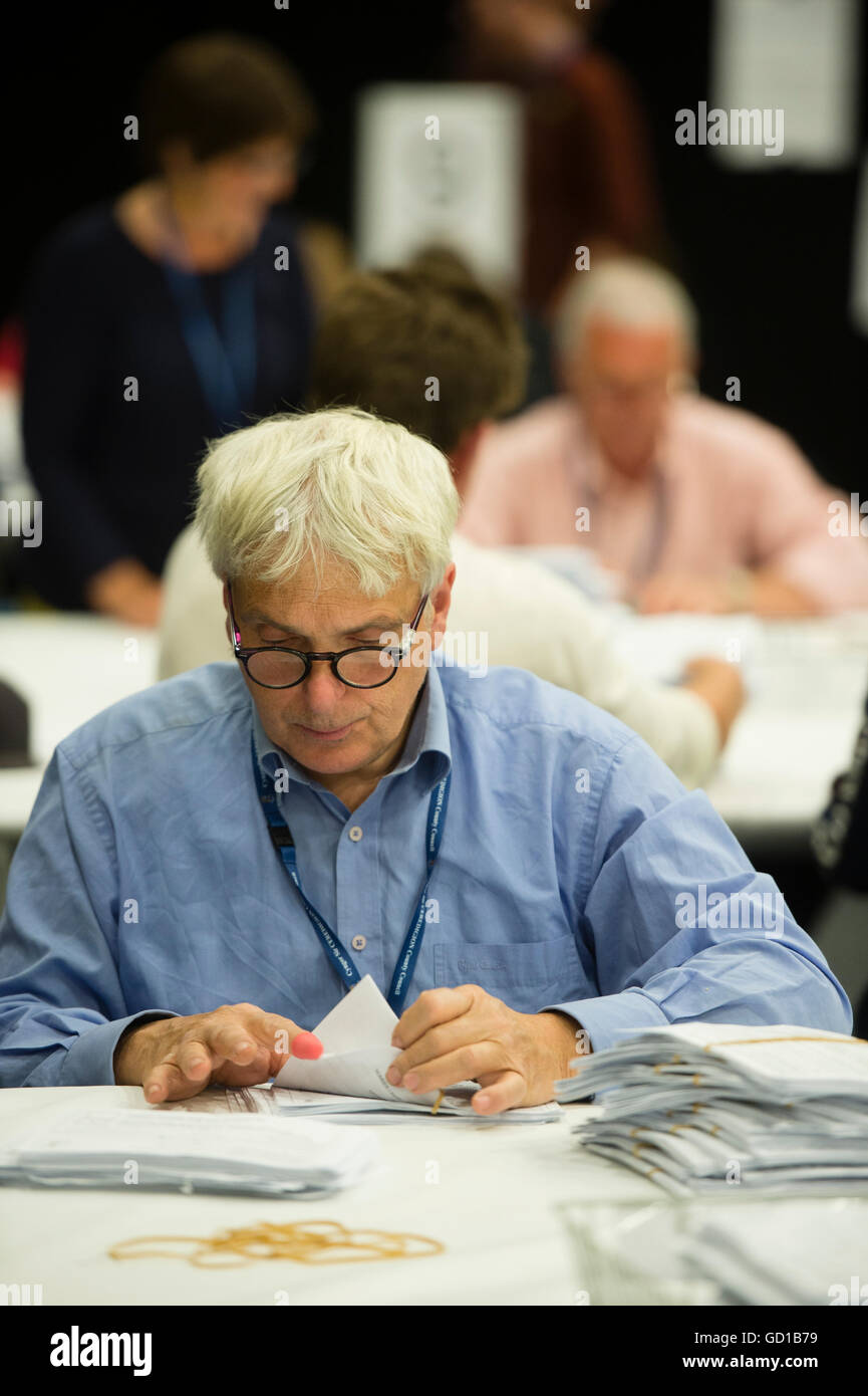 Local authority workers counting the votes cast in Ceredigion ...