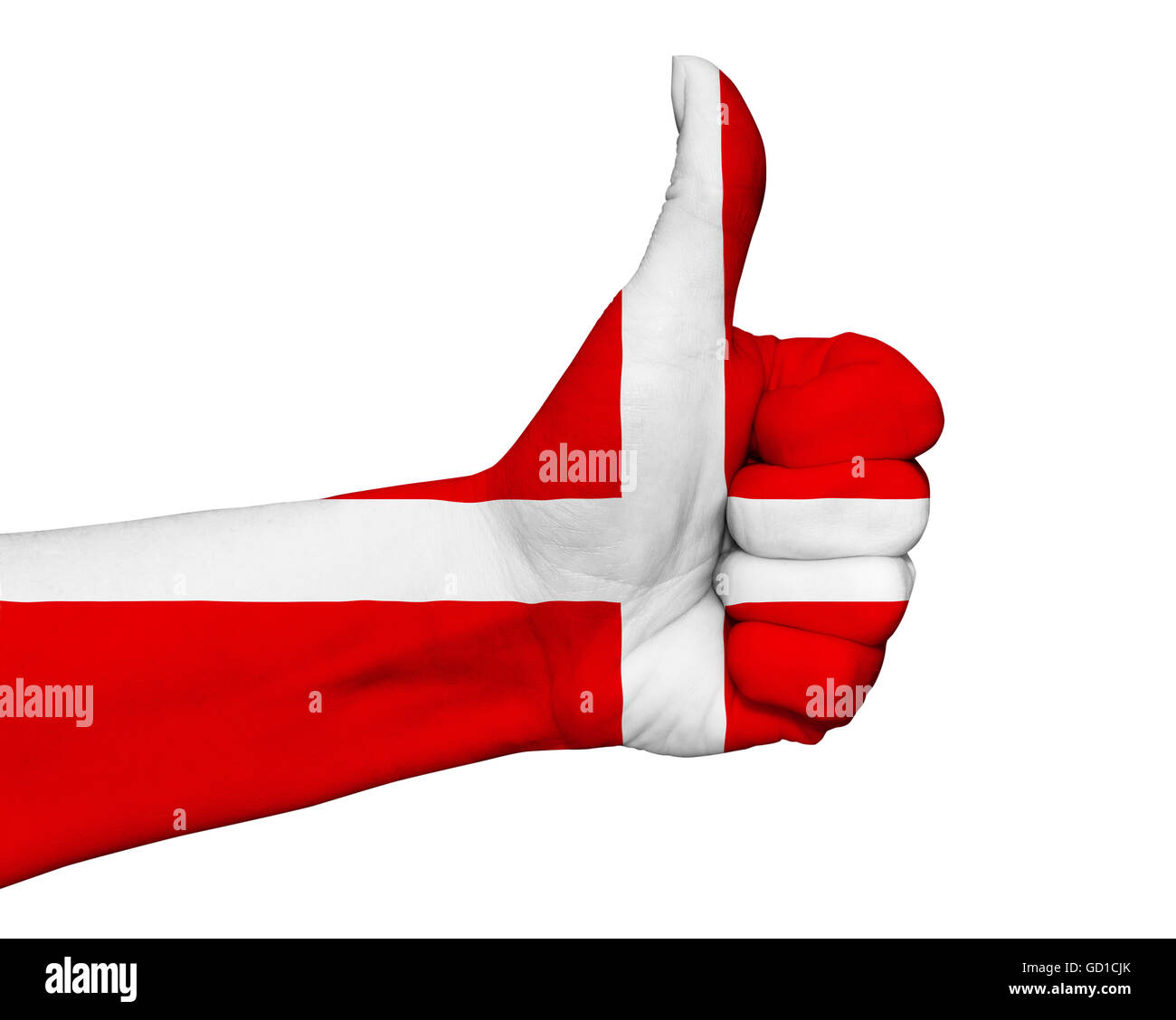 Hand with thumb up painted in colors of Denmark flag Stock Photo - Alamy