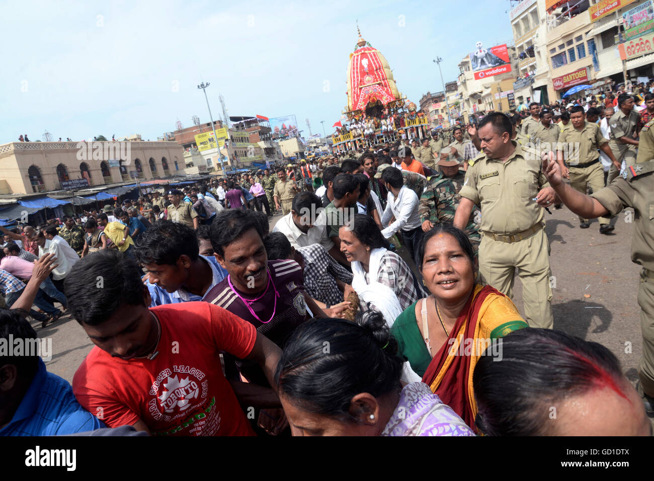 Puri, India. 07th July, 2016. People pulls Nandighosha rath during the ...