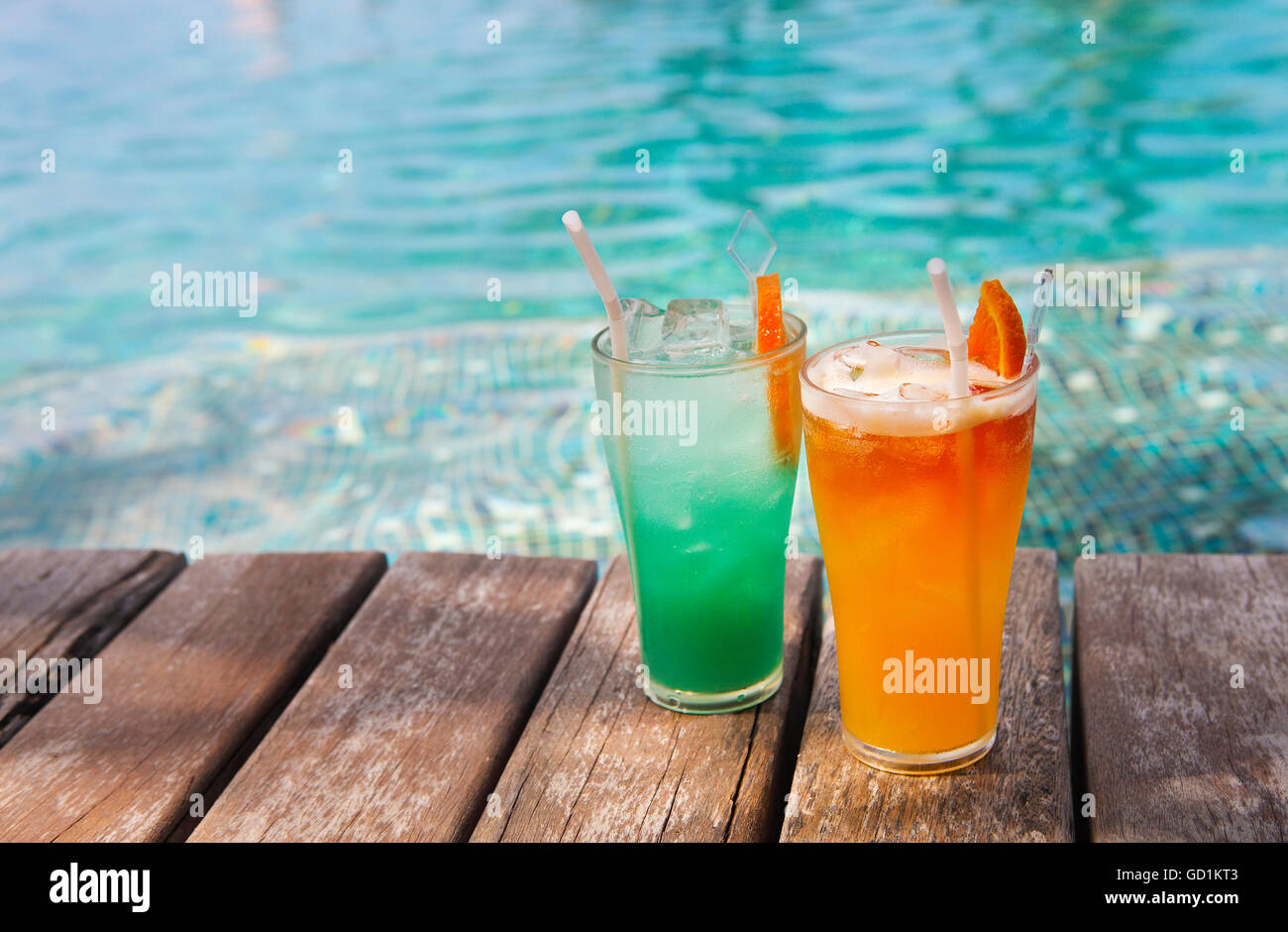 Cocktails near the swimming pool on the background of the water Stock ...