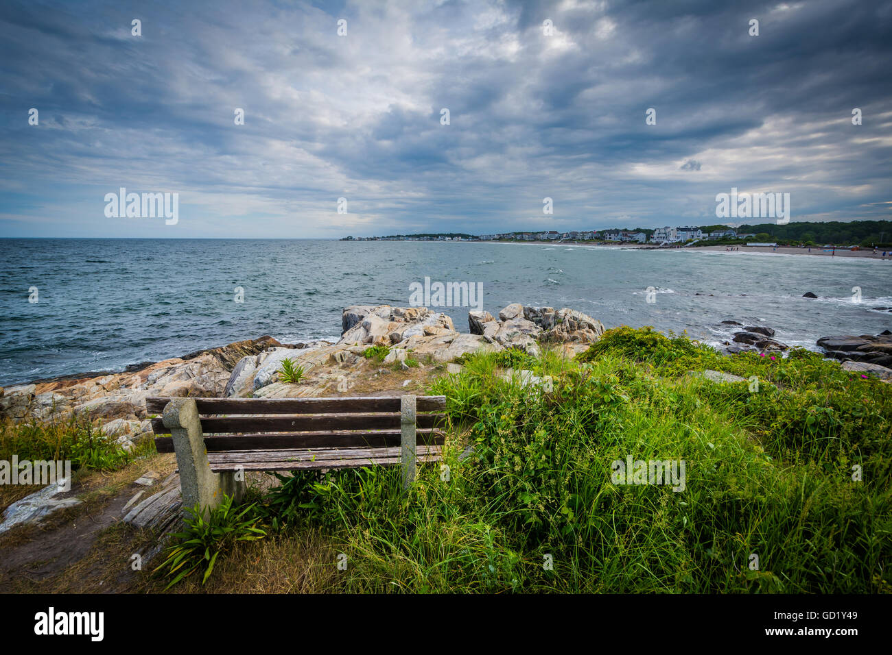 Bench and view of rocky coast in Rye, New Hampshire Stock Photo - Alamy