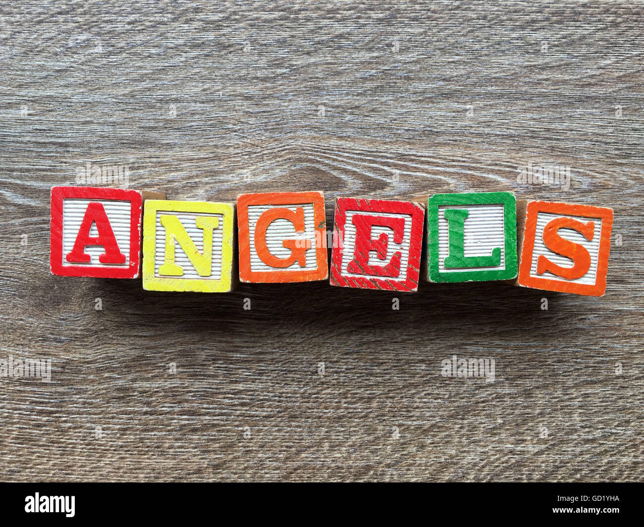ANGELS word done with wood block letter Stock Photo - Alamy