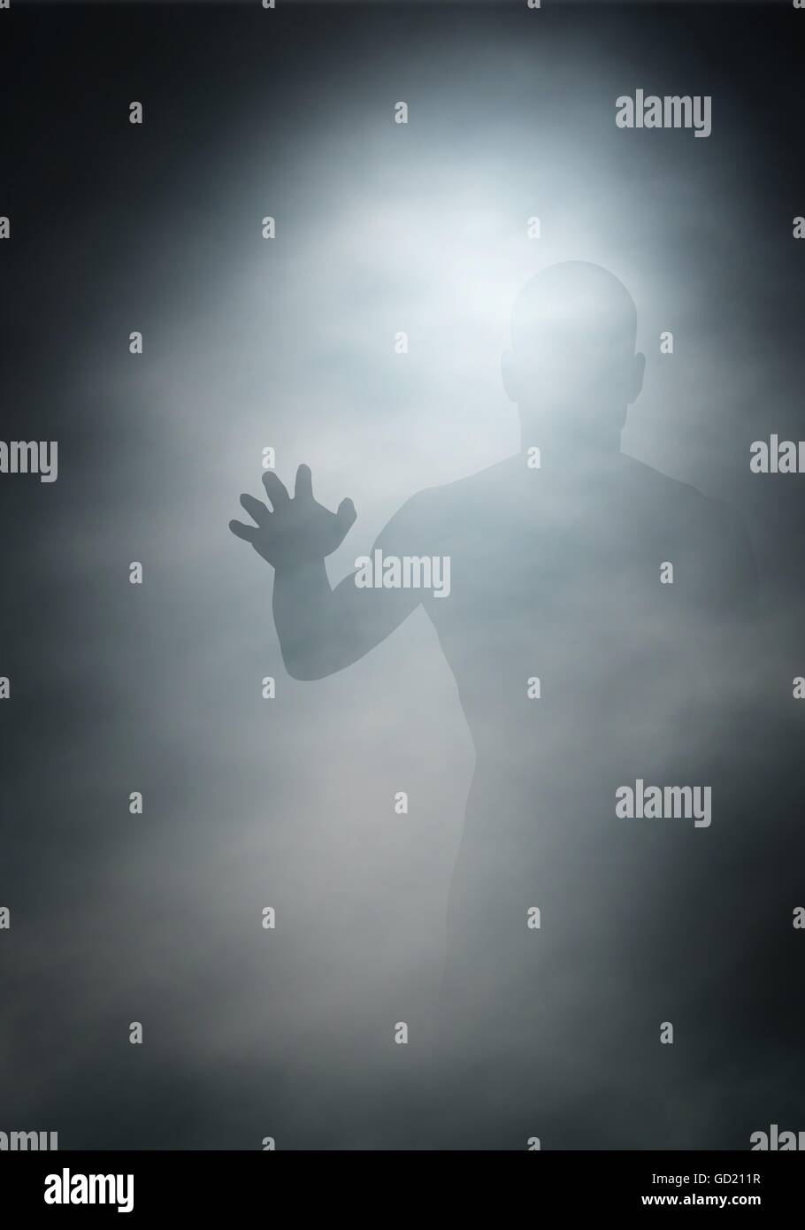 Editable vector illustration of a man reaching through fog created ...