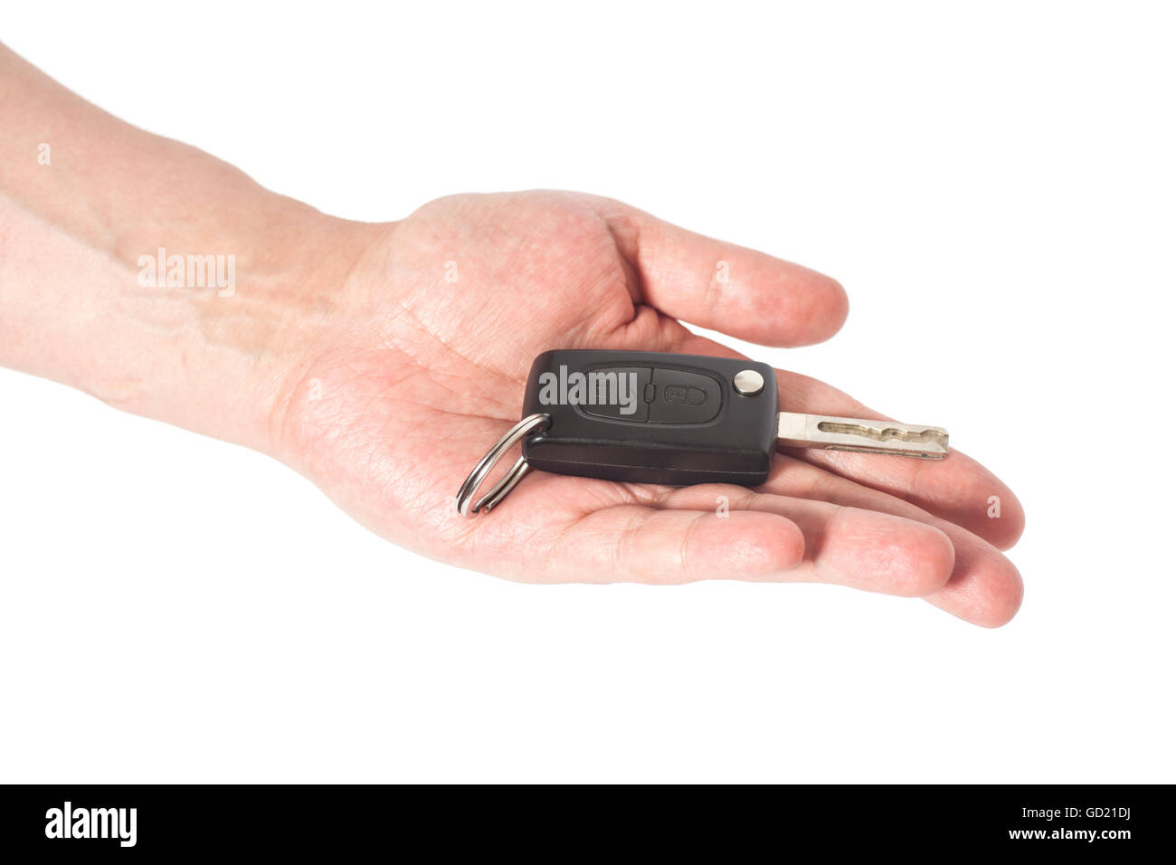 Hand with a car key isolated on white background Stock Photo - Alamy