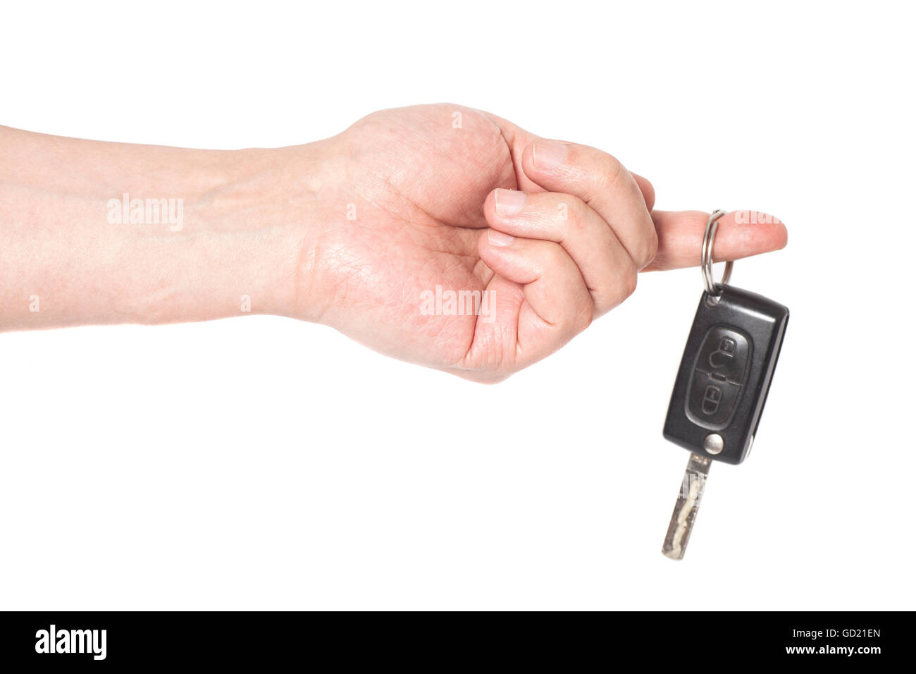 Hand with a car key isolated on white background Stock Photo - Alamy