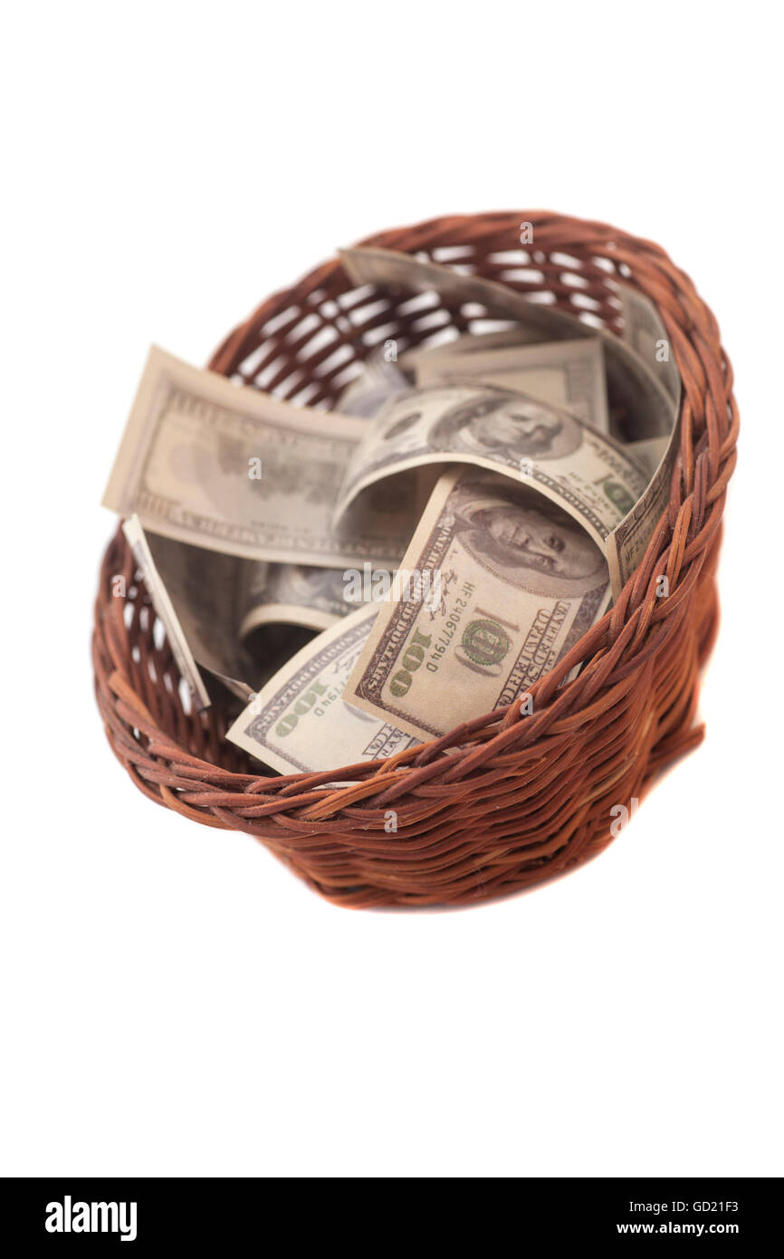 Basket with dollars isolated on white background Stock Photo - Alamy