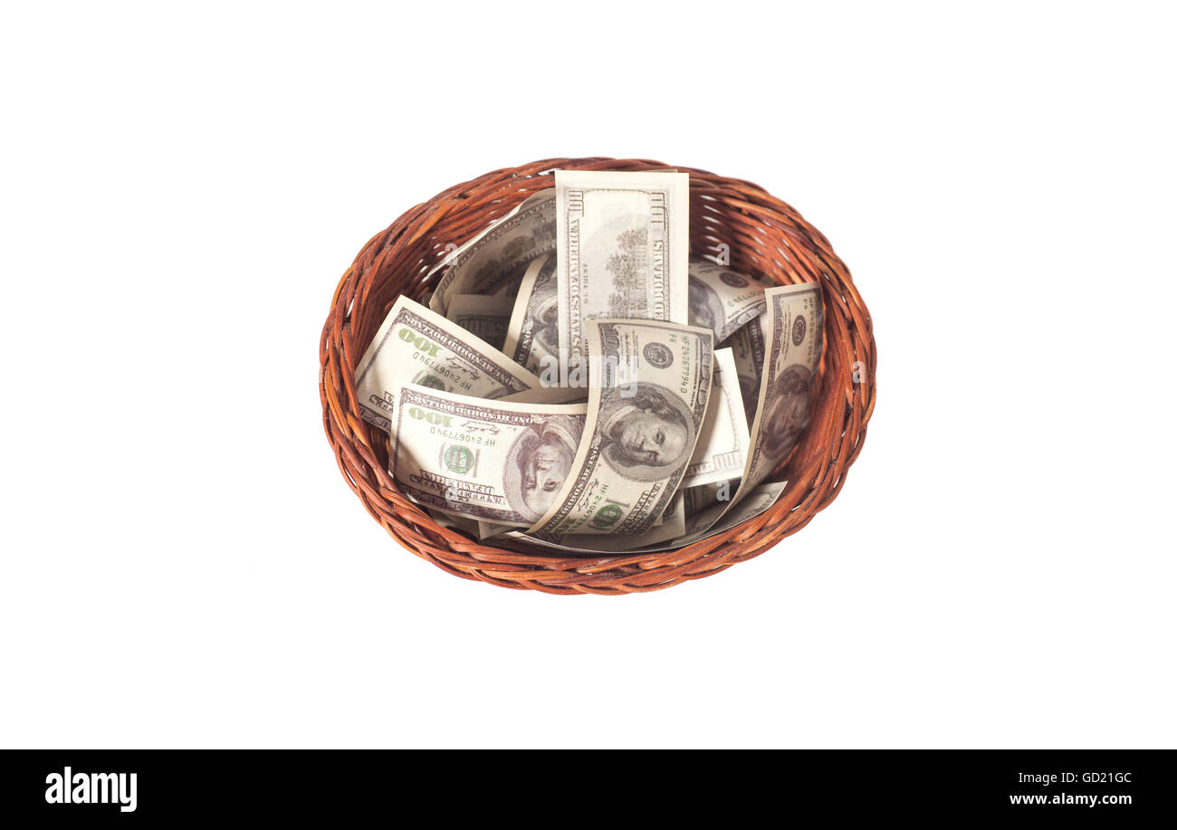 Basket with dollars isolated on white background Stock Photo - Alamy