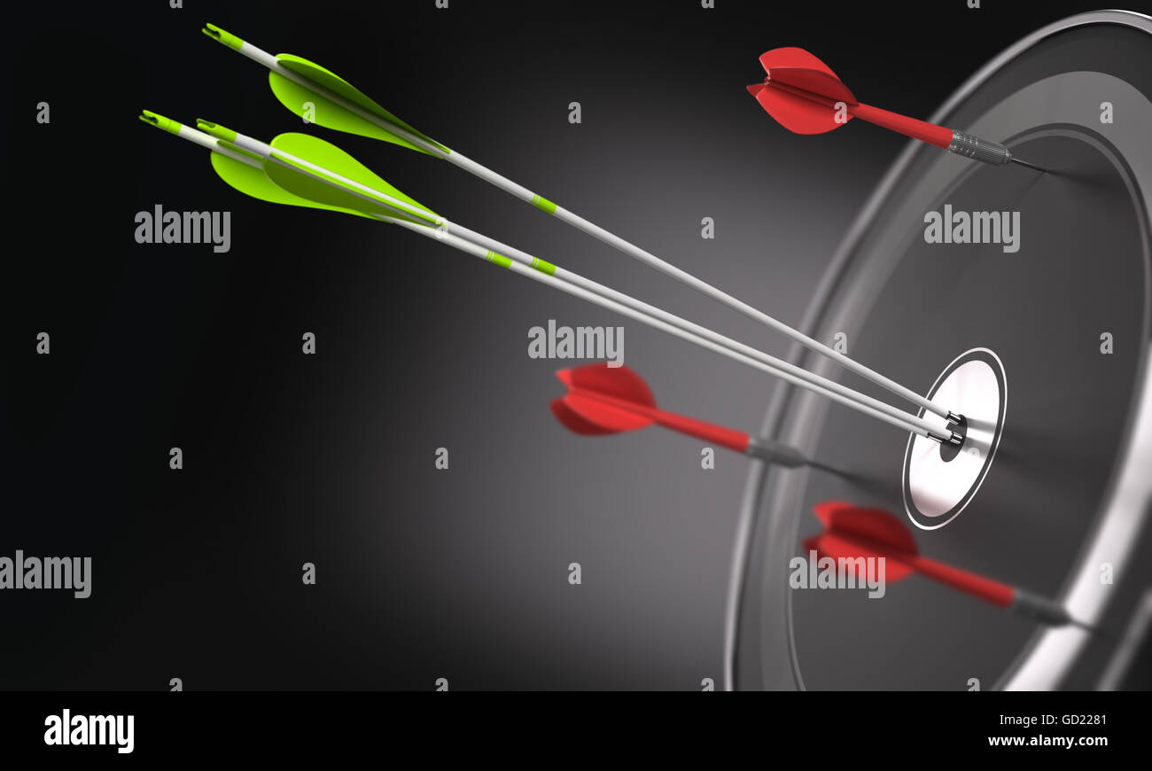 Three green arrows hitting the center of a black target and 3 darts out ...