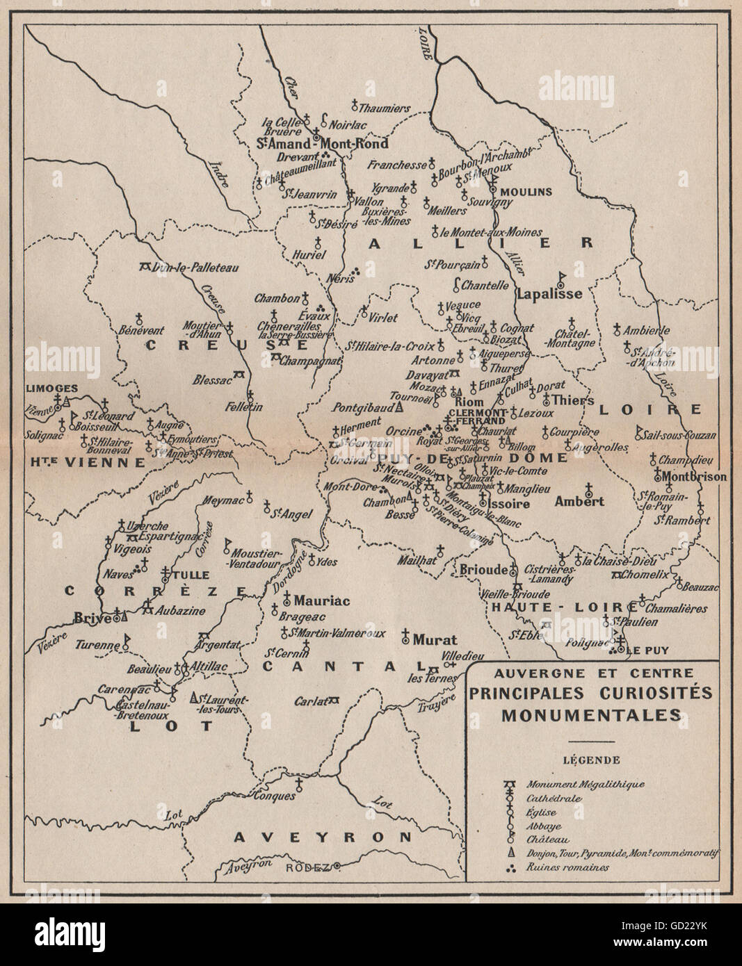 AUVERGNE & CENTRE. Megaliths churches Roman ruins chateaux. Vintage map ...