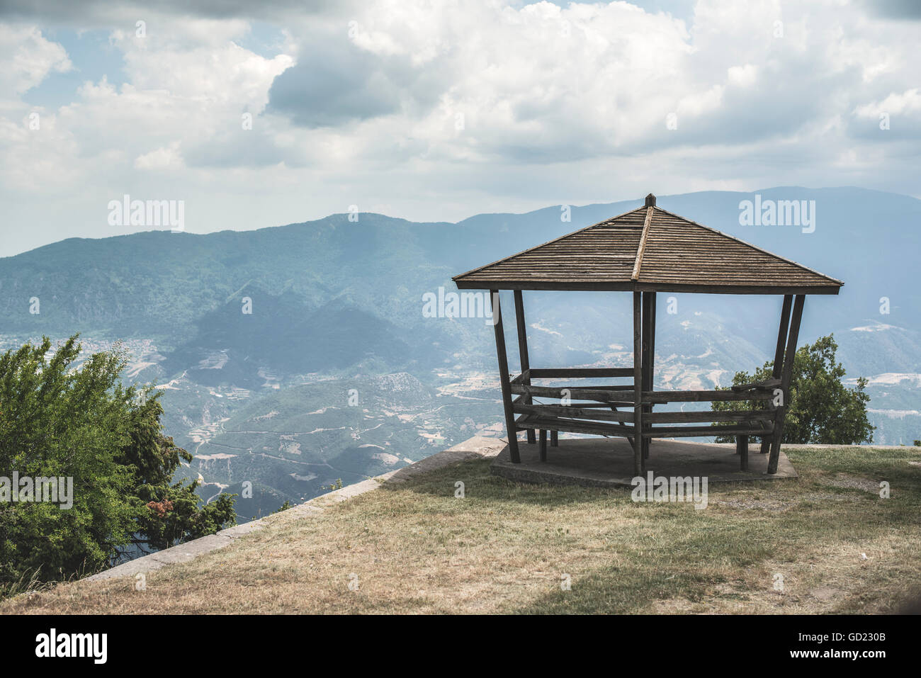 Wooden gazebo high in the mountains. View Stock Photo - Alamy