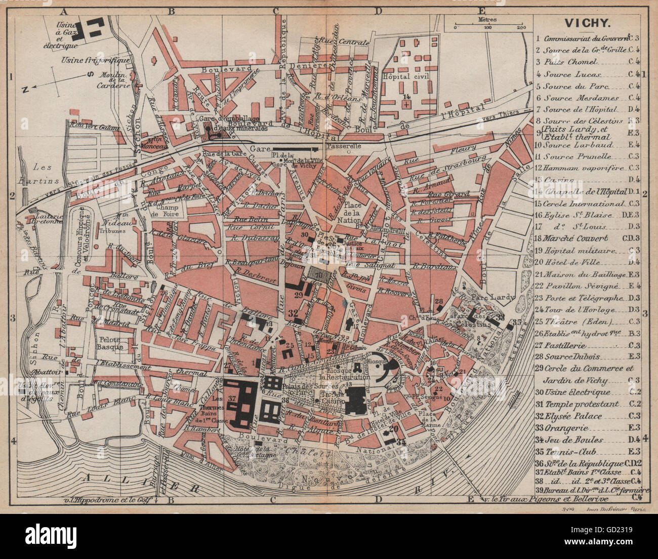 VICHY. Vintage town city map plan. Allier. Auvergne, 1909 Stock Photo ...