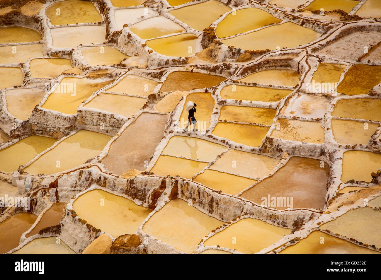 Worker mining for salt, Salineras de Maras, Maras Salt Flats, Sacred ...