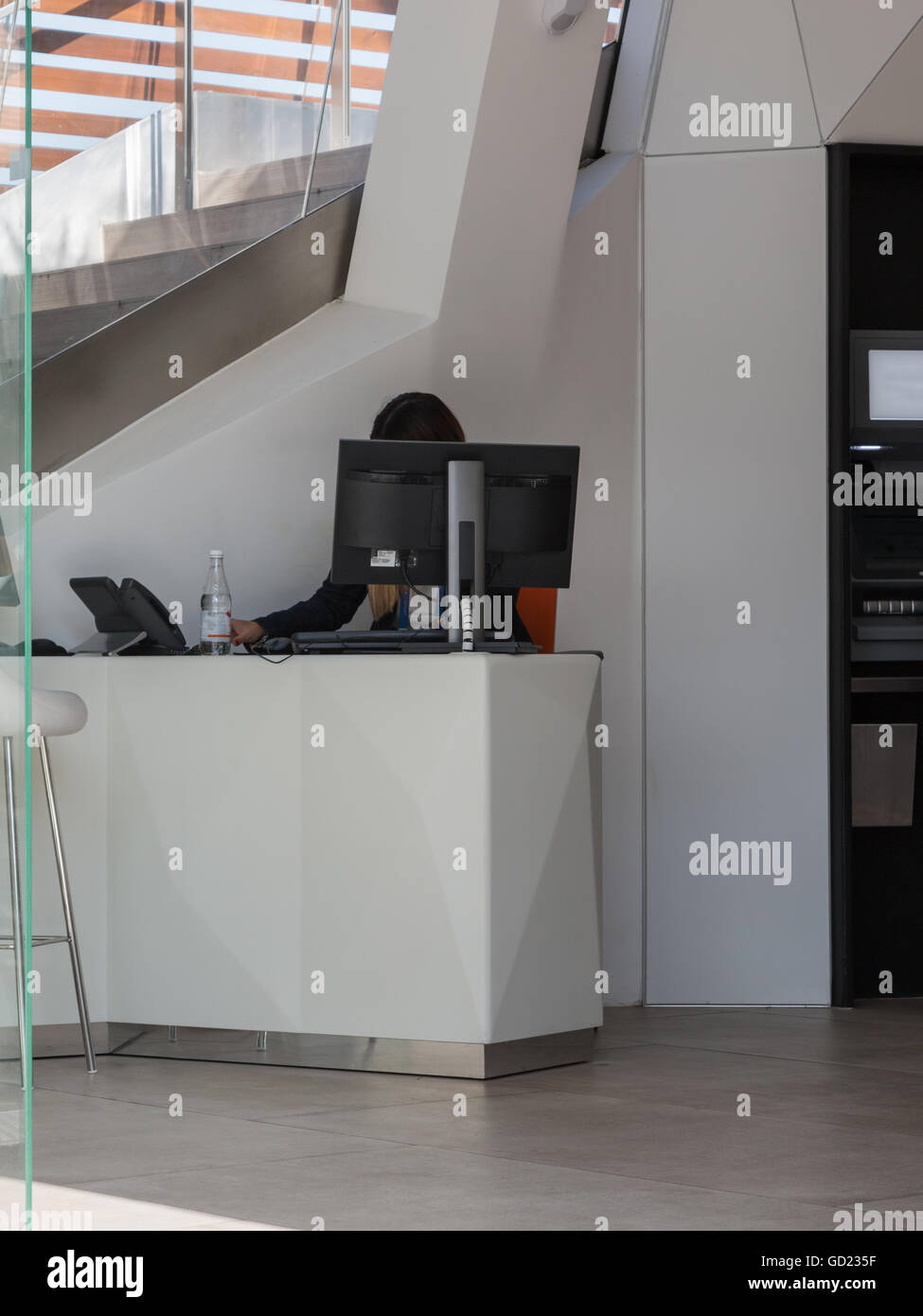 Cash Machine, Atm and Professional Woman at Front Office Desk Stock ...