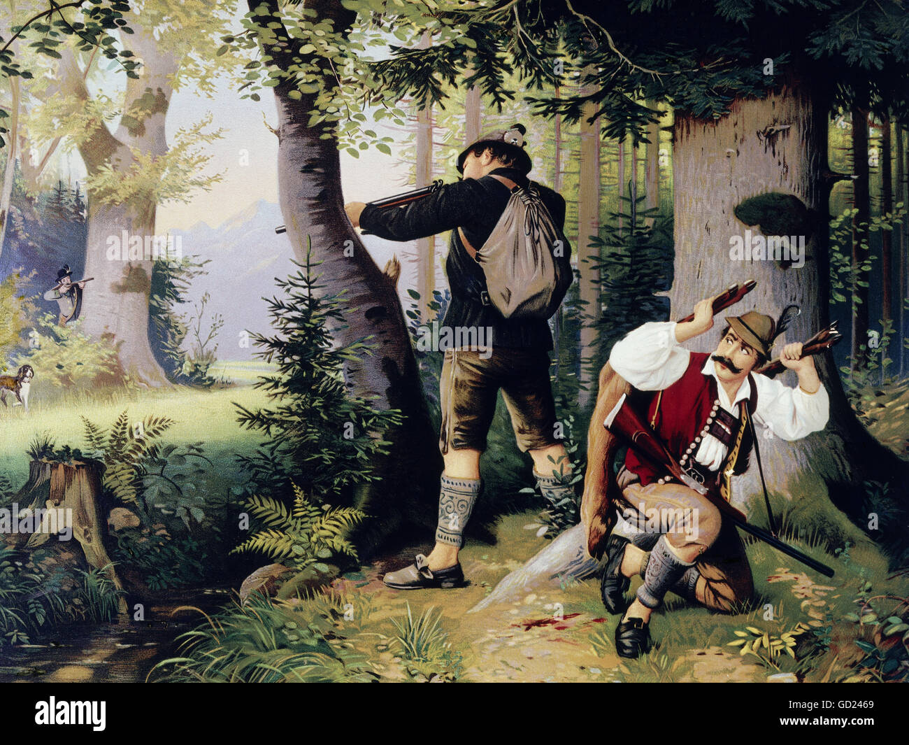 hunting, poachers, two poachers engaged with a forester, colour ...