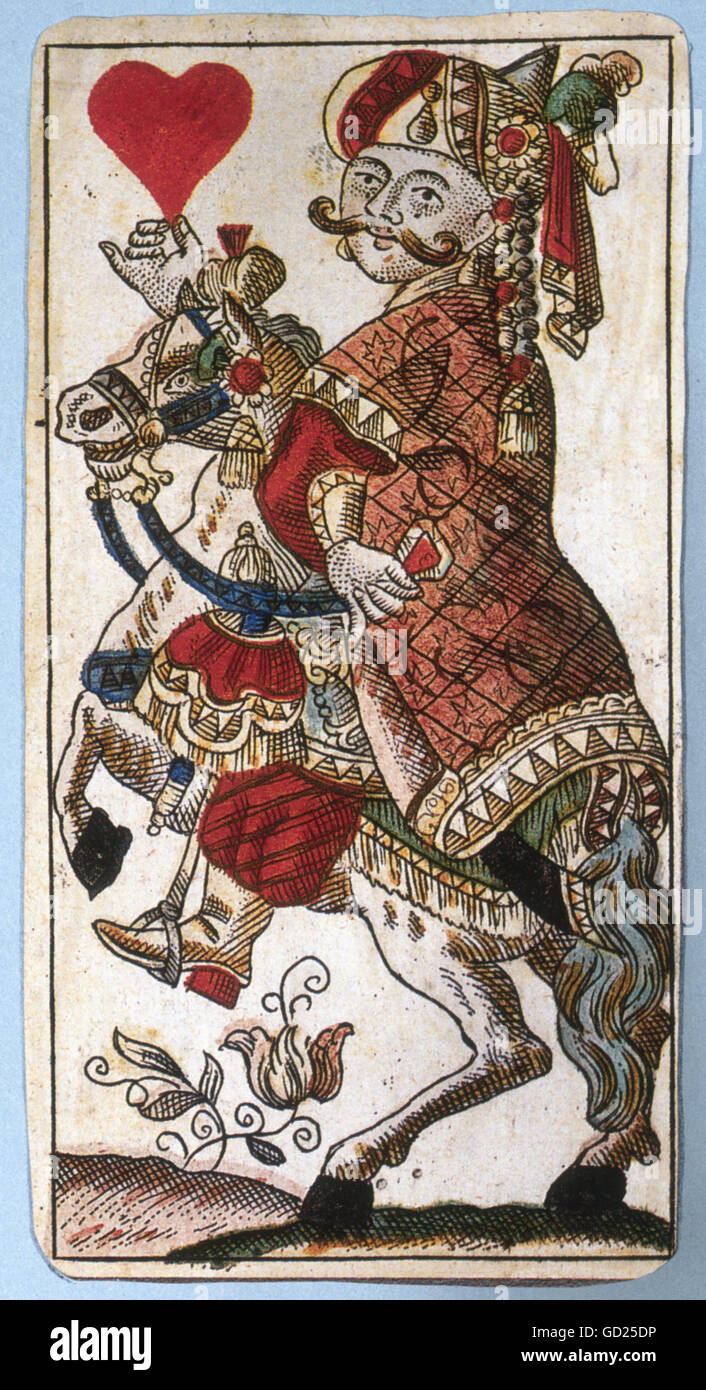 games, card game, playing card "Heart Ober", copper engraving, coloured ...