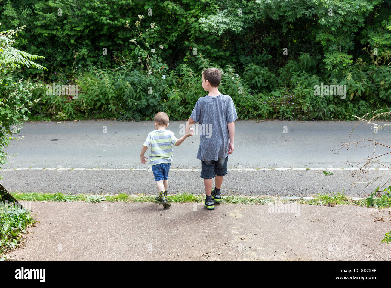 brothers wait to cross rural road, kid, street, child, crosswalk, car ...