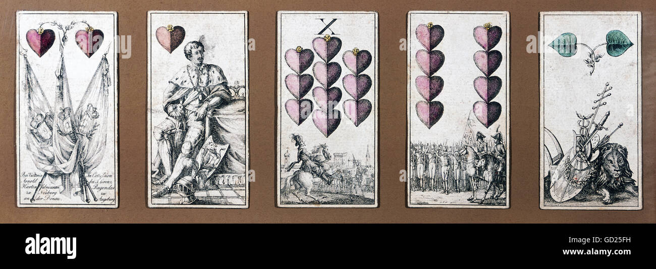 games, card game, 5 playing-cards, copper engraving by Arnold, coloured ...