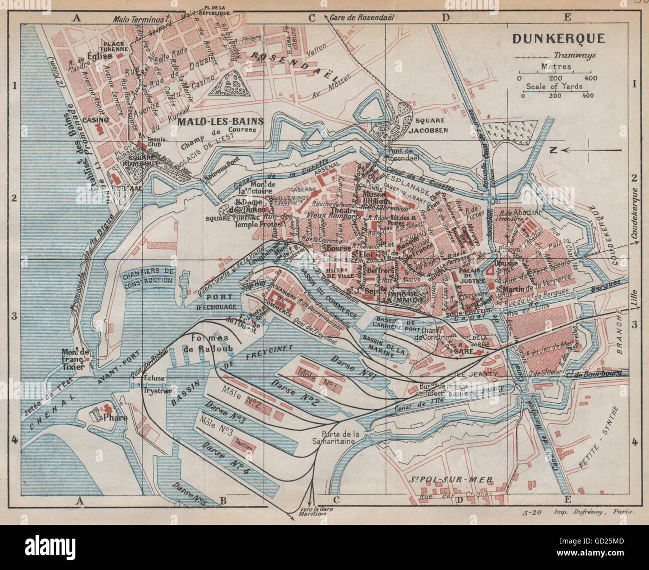 DUNKERQUE DUNKIRK. Vintage town city ville map plan carte. Nord, 1922 ...