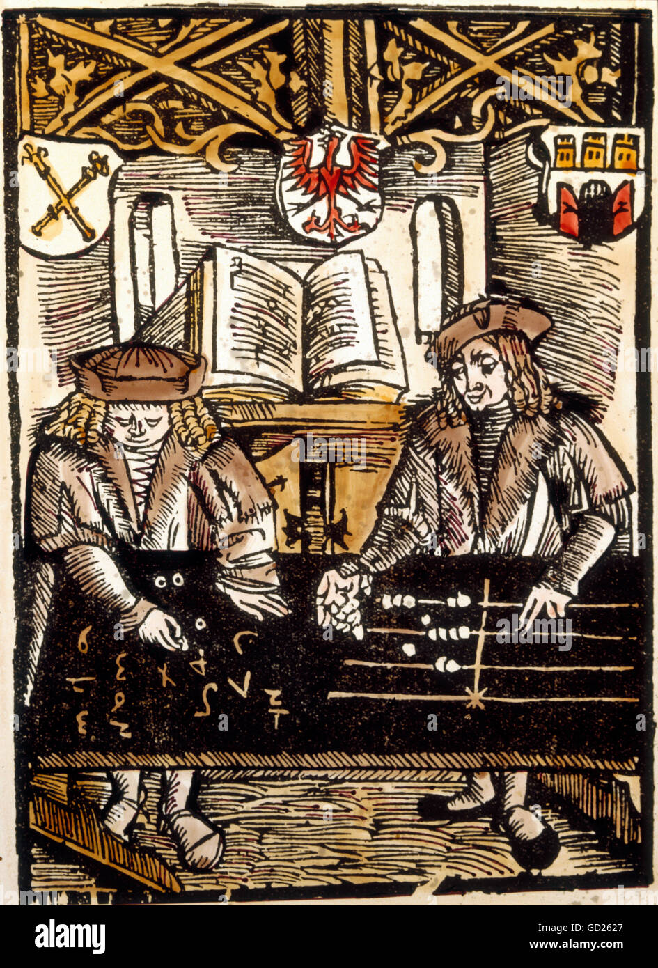 education, teacher, two arithmetician at abacus, title of a small ...