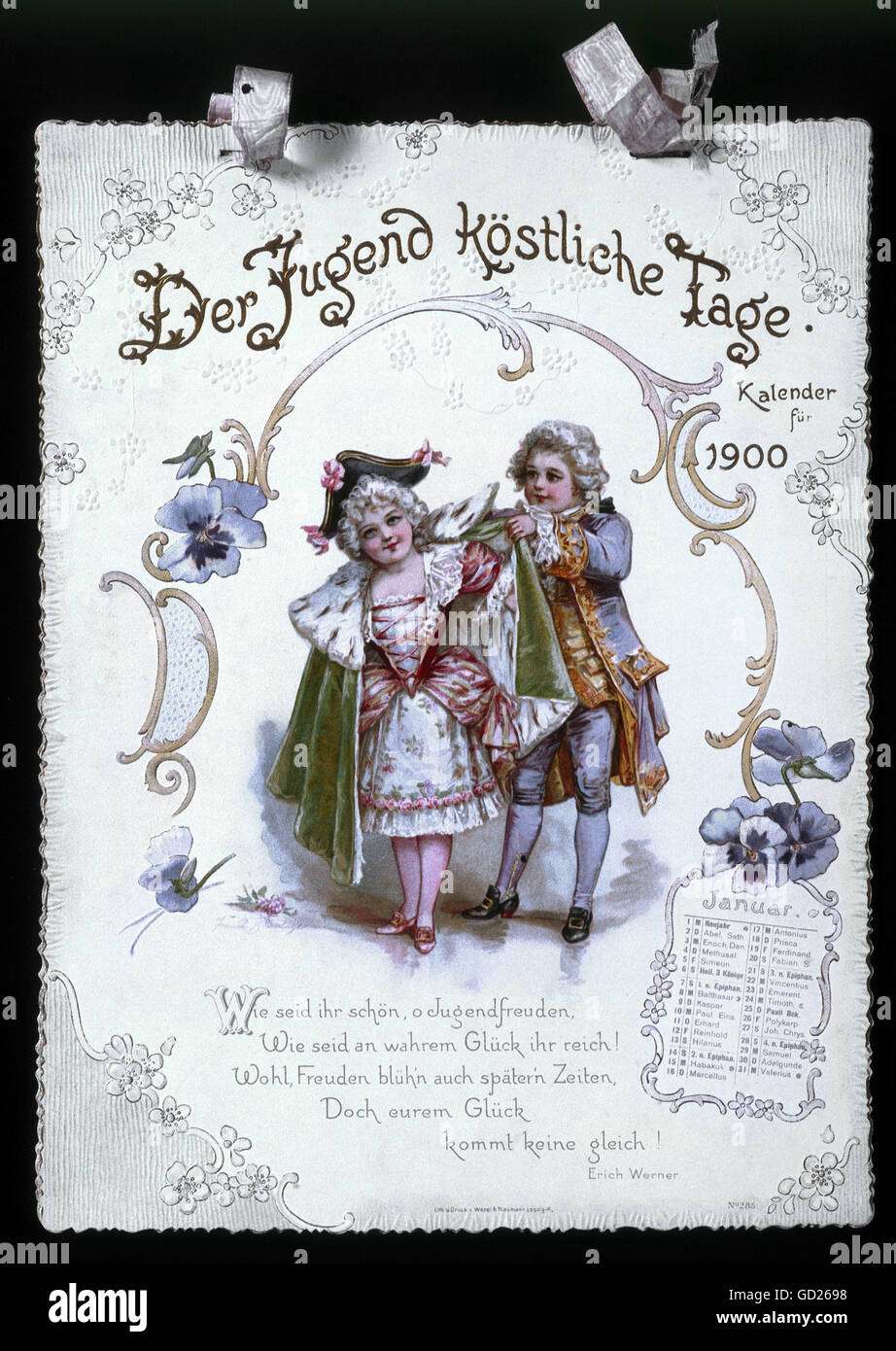 calendar, calendar sheet, January 1900, with a couple in rococo ...