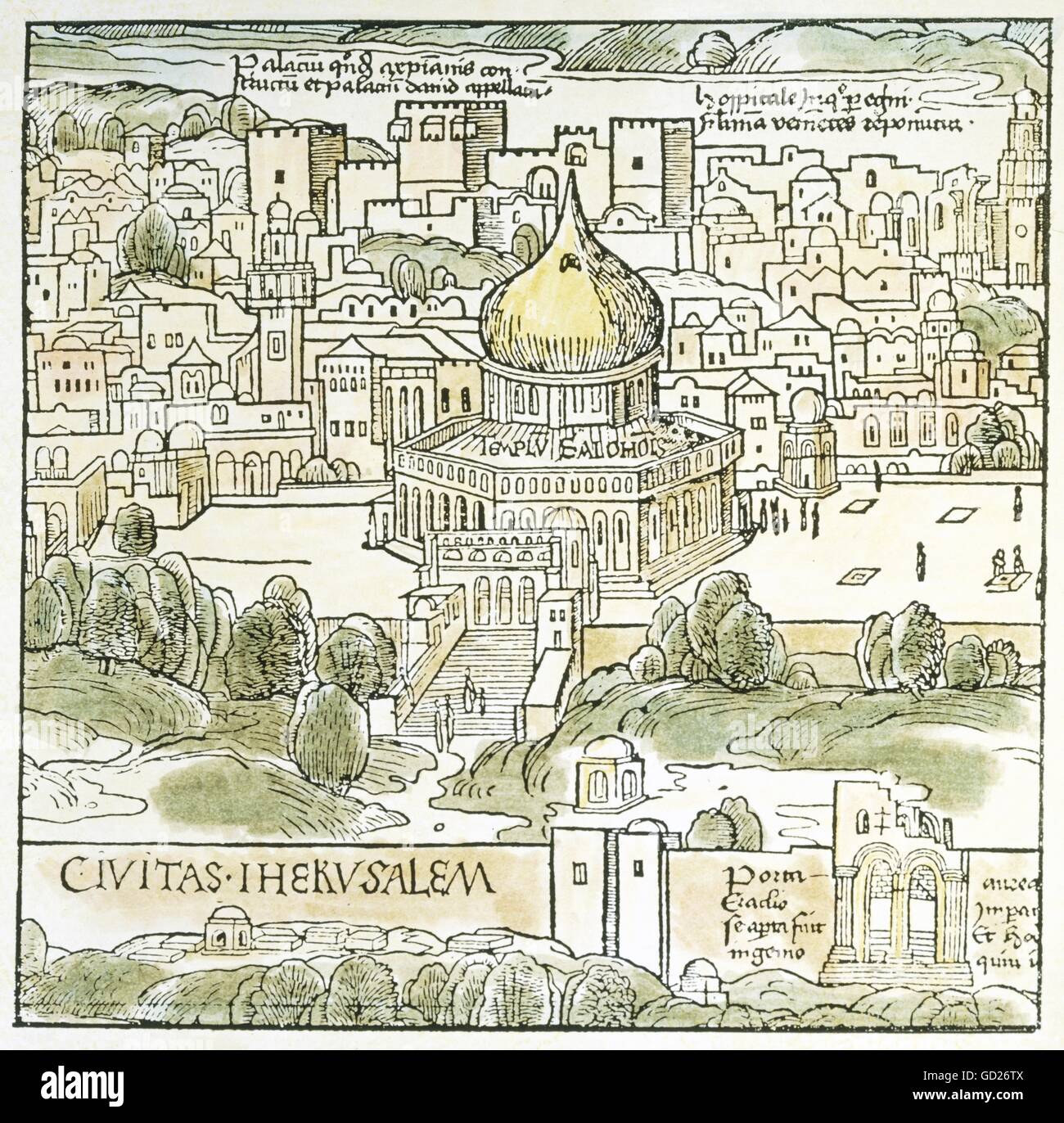 geography / travel, Israel, Jerusalem, view, coloured woodcut by Erhard ...