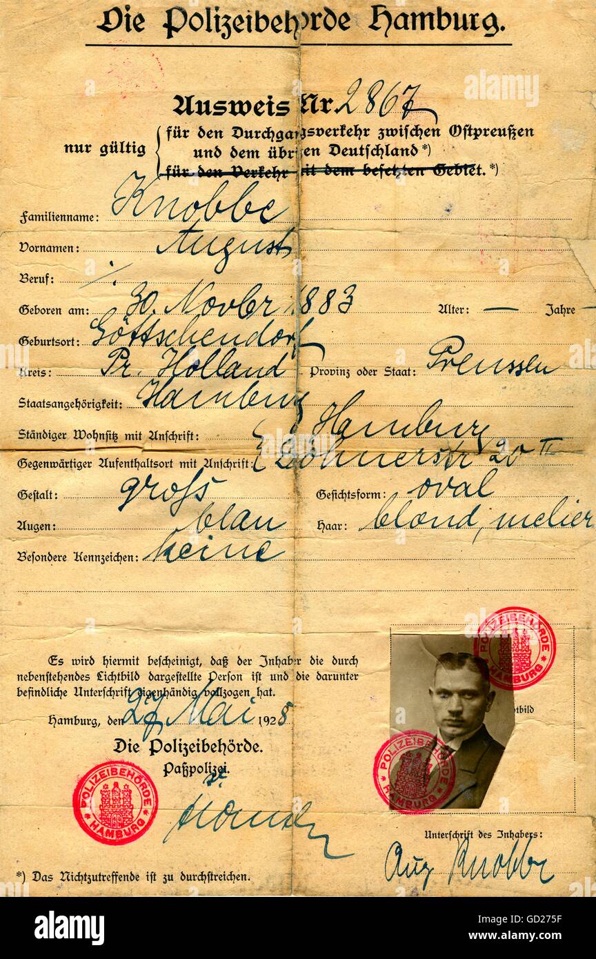 documents, pass, issued at the 27. 05. 1928 by the police of Hamburg ...