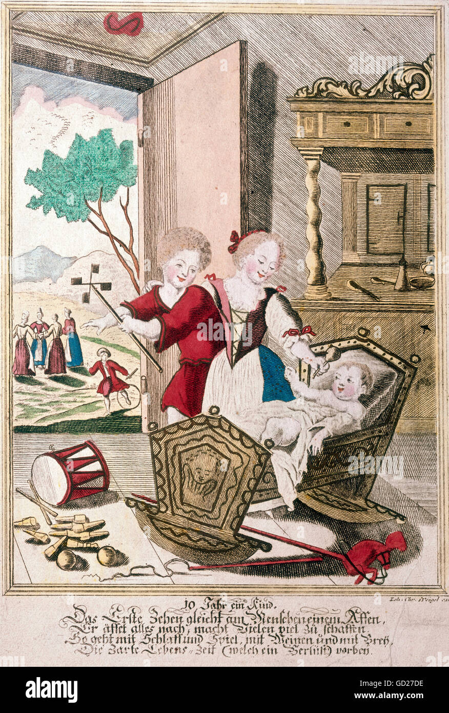 allegory, age, "10 year a child", playing children and baby in cradle ...