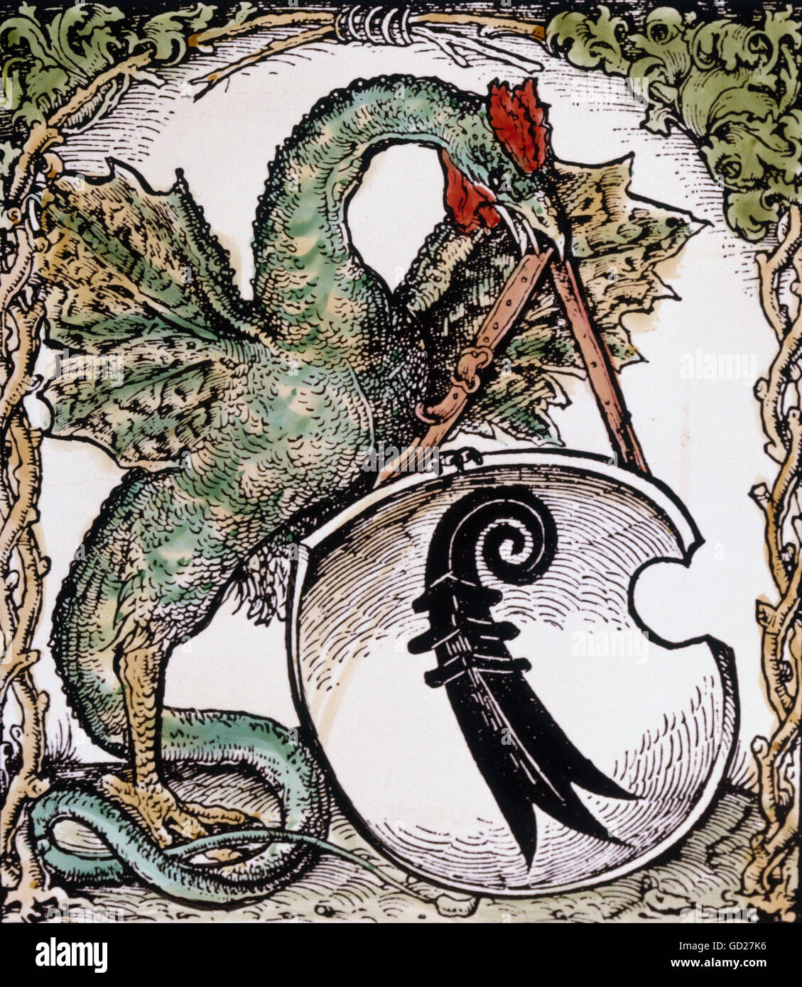 heraldy, city arms, Basel, Basilisk as supporter, coloured woodcut ...