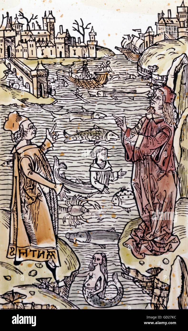 superstition, mythological creatures, sea monk and mermaid, two ...