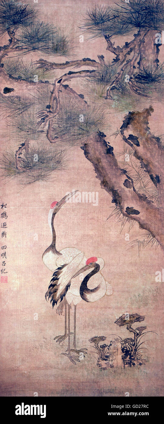 fine arts, painting, Two cranes with the red spot of divineness on ...