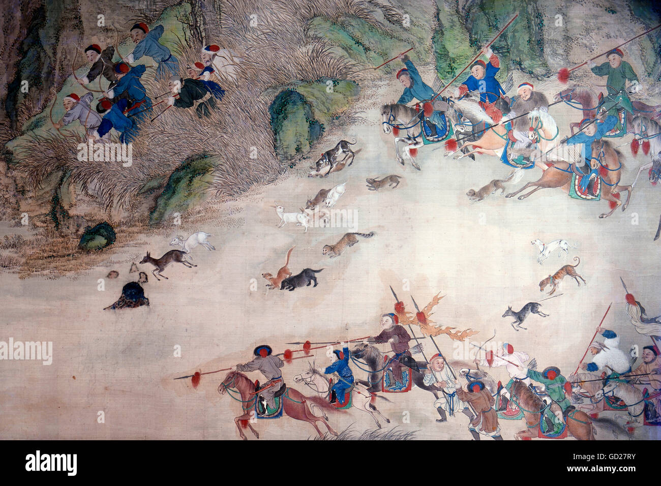 fine arts, painting, prince with large entourage hunting, scroll ...