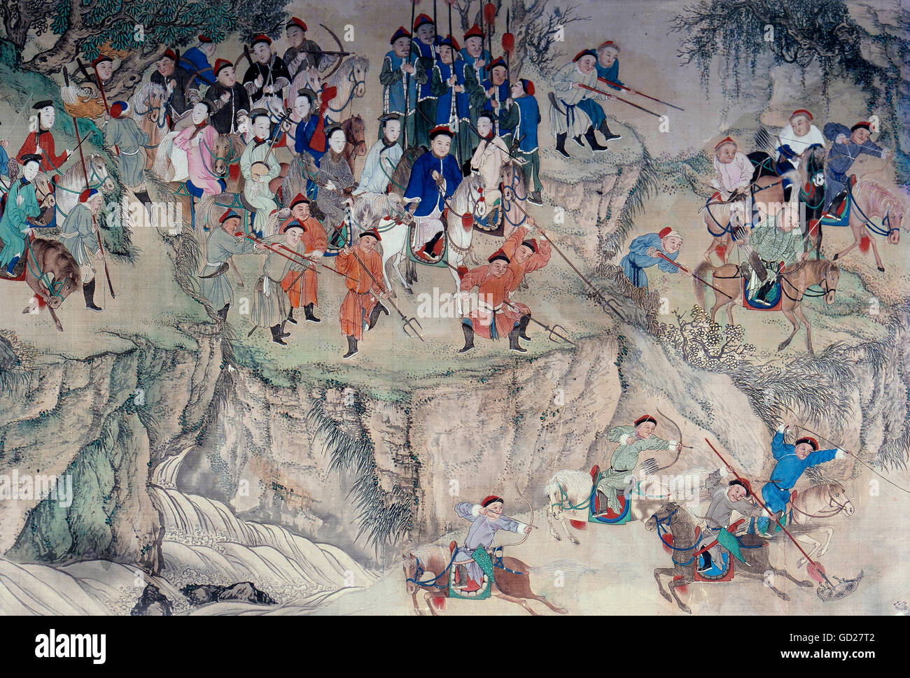 fine arts, painting, prince with large entourage hunting, scroll ...