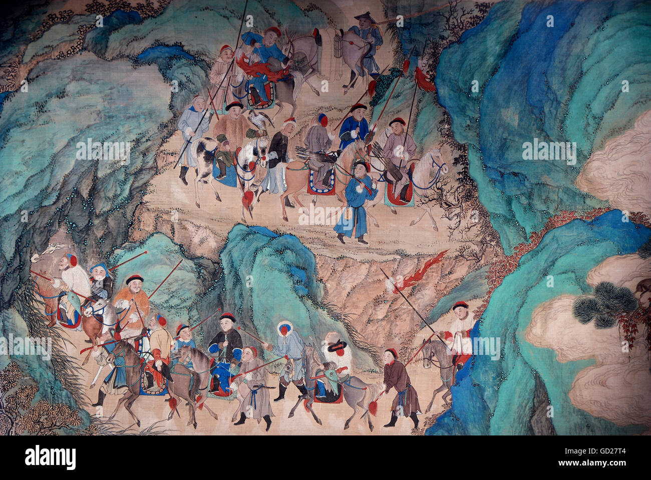 fine arts, painting, prince with large entourage hunting, scroll ...