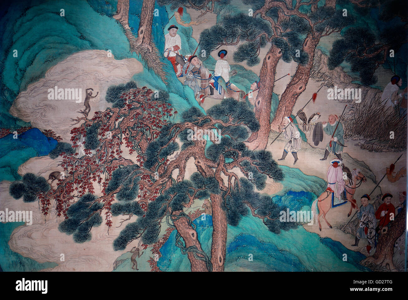 fine arts, painting, prince with large entourage hunting, scroll ...