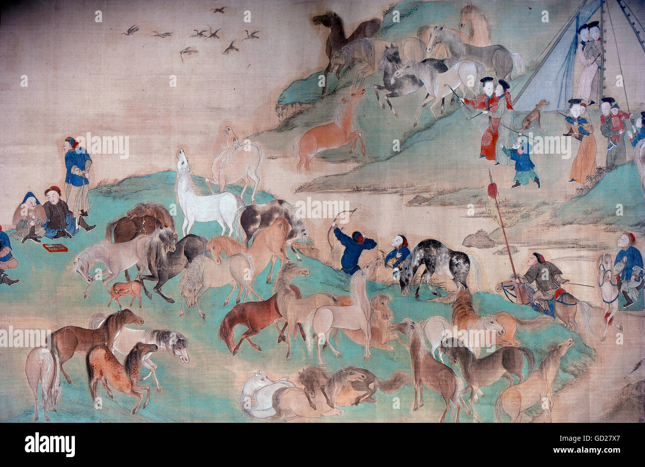 fine arts, painting, prince with large entourage hunting, scroll ...