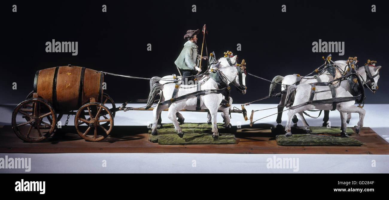 alcohol, beer, model of a horse-drawn beer wagon, wood, carved, painted ...