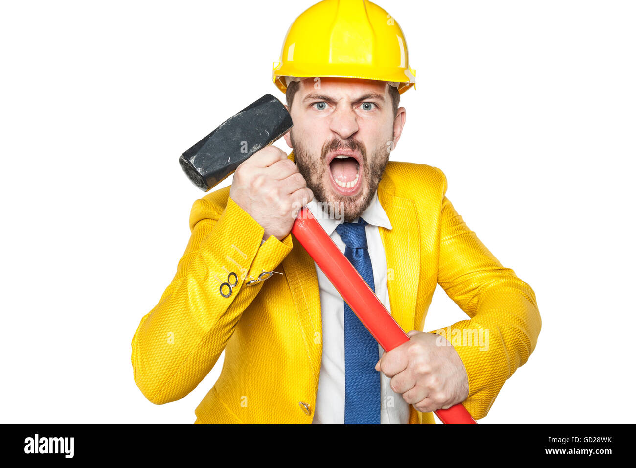 angry investor with a big hammer in his hands Stock Photo - Alamy