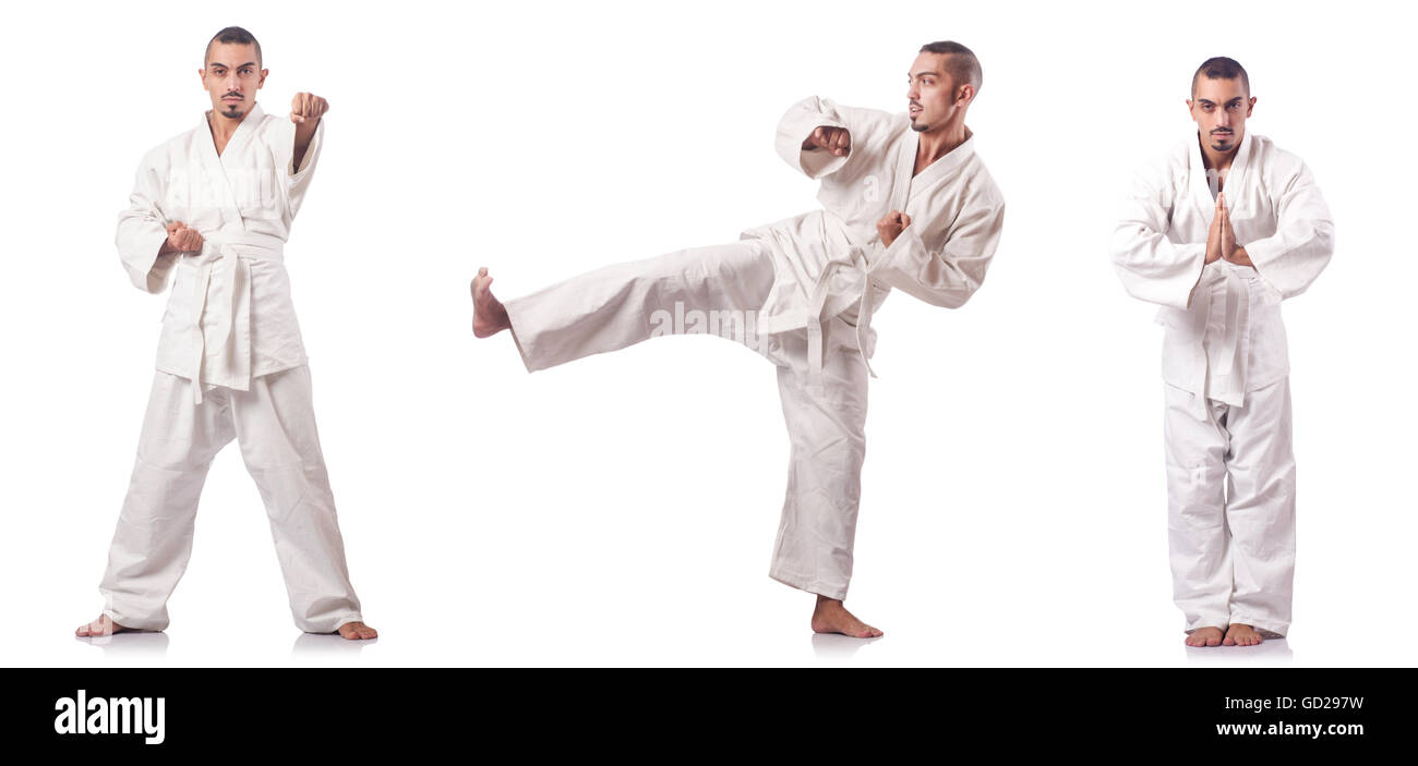Collage of karate player in kimono isolated on white Stock Photo - Alamy