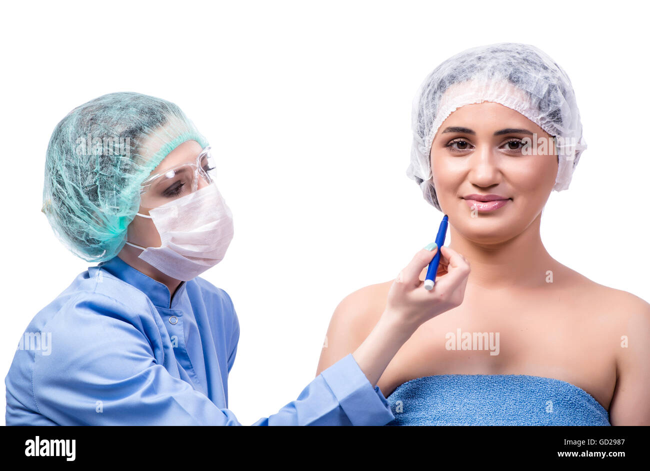 Young woman preparing for plastic surgery isolated on white Stock Photo ...