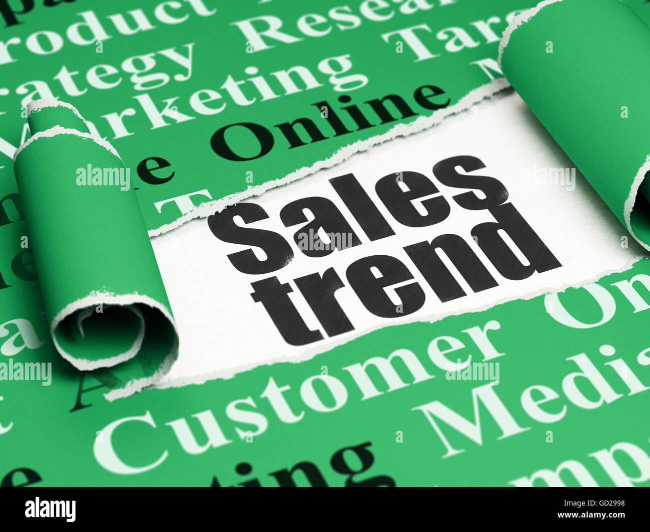 Marketing concept: black text Sales Trend under the piece of torn paper ...