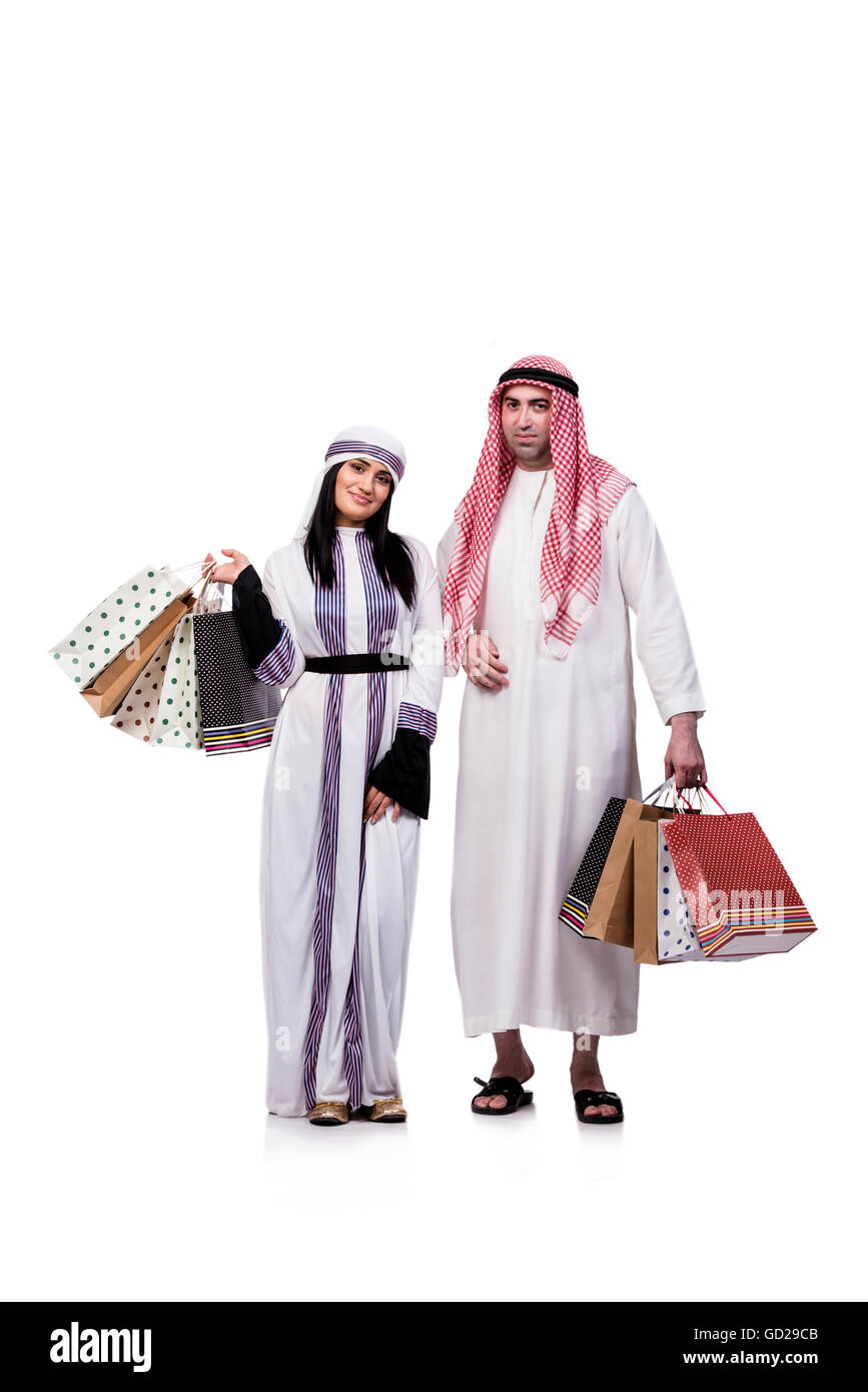 Happy arabic family after shopping isolated on white Stock Photo - Alamy