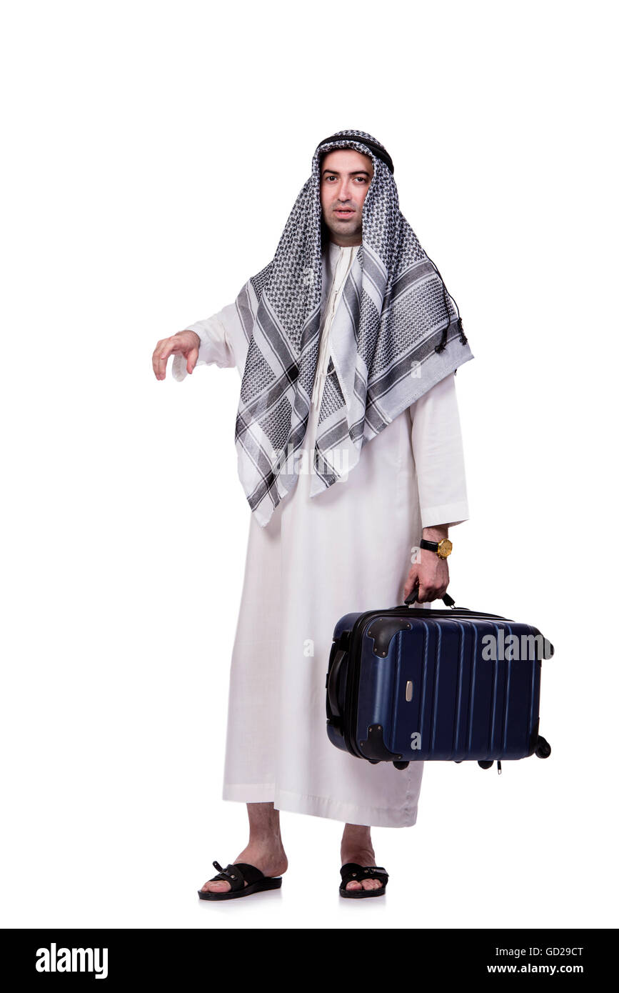 Arab man with suitcase in travel concept isolated on white Stock Photo ...