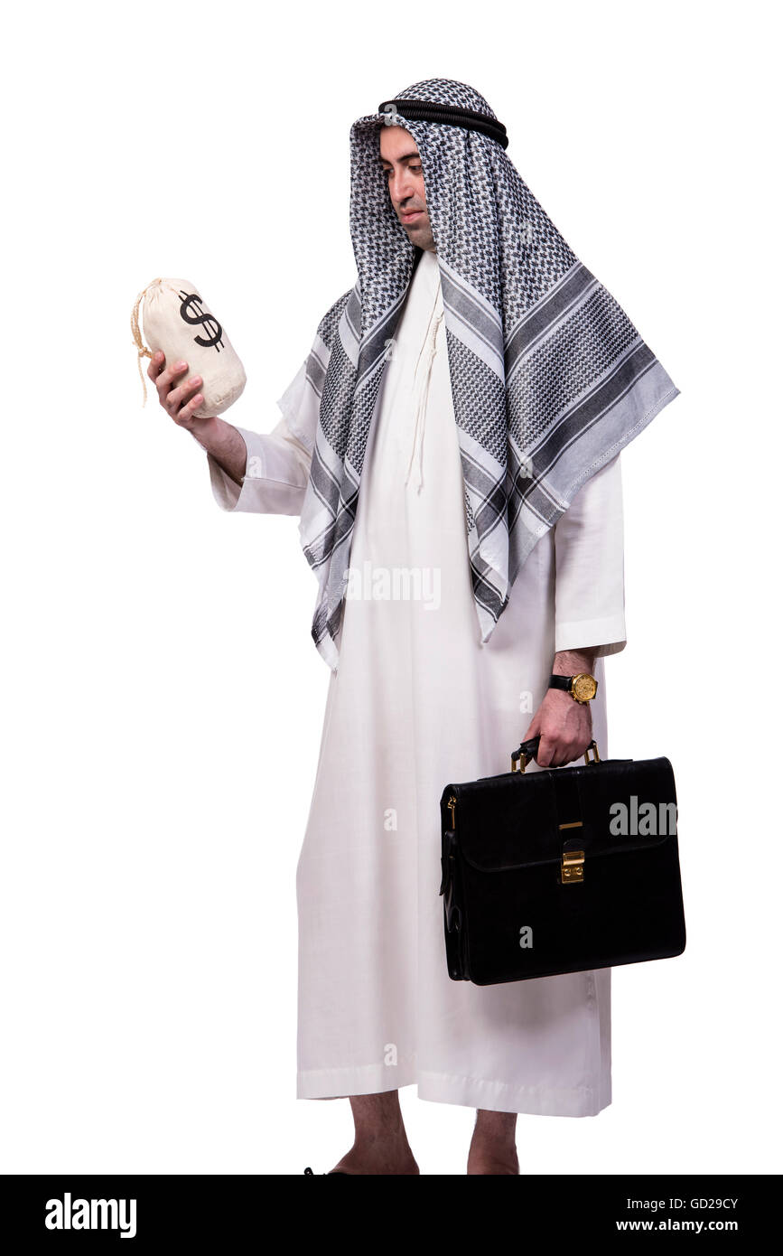 Arab man with money sacks isolated on white Stock Photo - Alamy