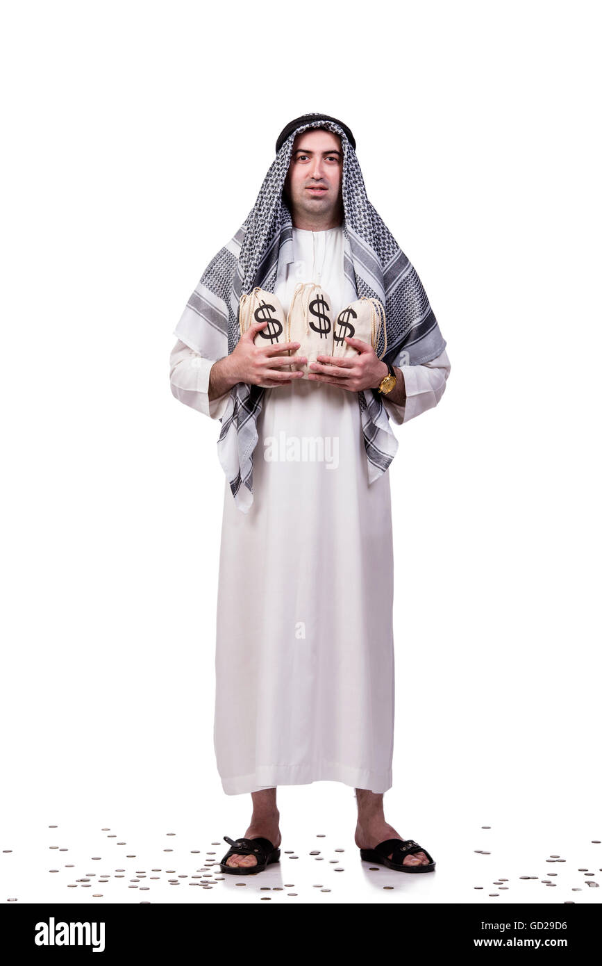 Arab man with money sacks isolated on white Stock Photo - Alamy